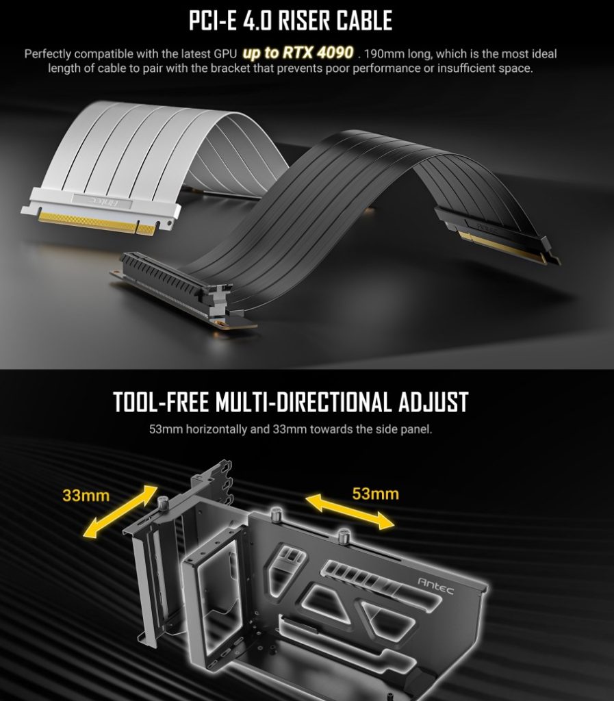 Antec Adjustable Vertical GPU Bracket and PCI-E 4.0 Riser Cable Kit ...